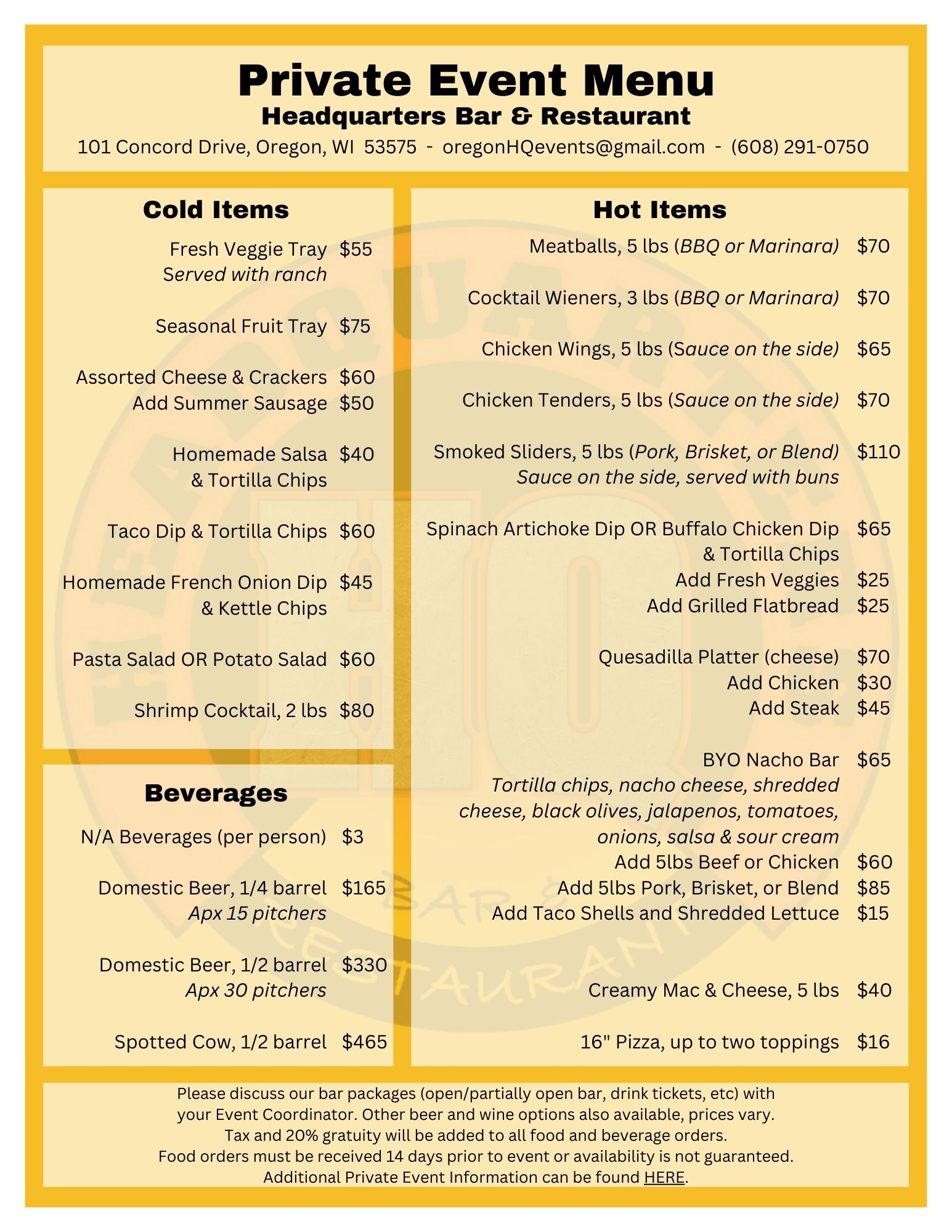 PRIVATE PARTIES – Headquarters Bar & Restaurant
